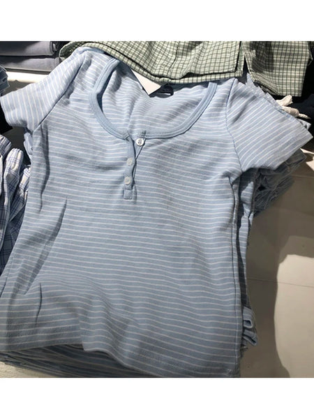 Znbbw Women Classic Striped Slim Crop Top Summer Button O Neck Soft Co Znbbw